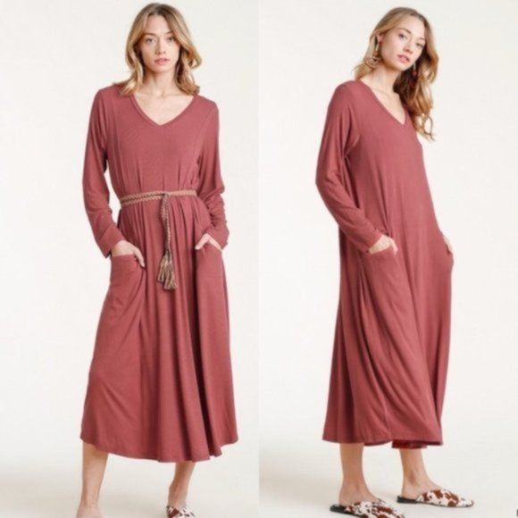 Umgee | Dresses | Umgee Ribbed Vneck Long Sleeve Maxi Dress With ...
